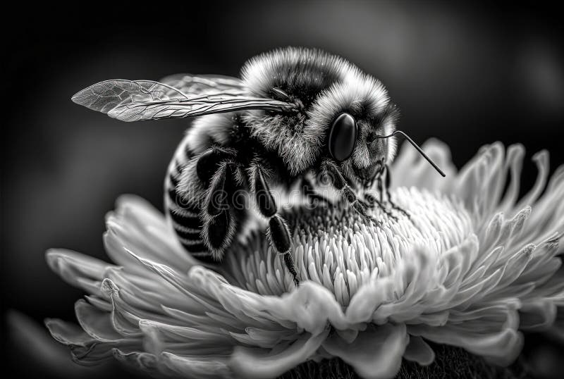 Grayscale of a Small Bee on the Flower in the Garden Stock Image ...