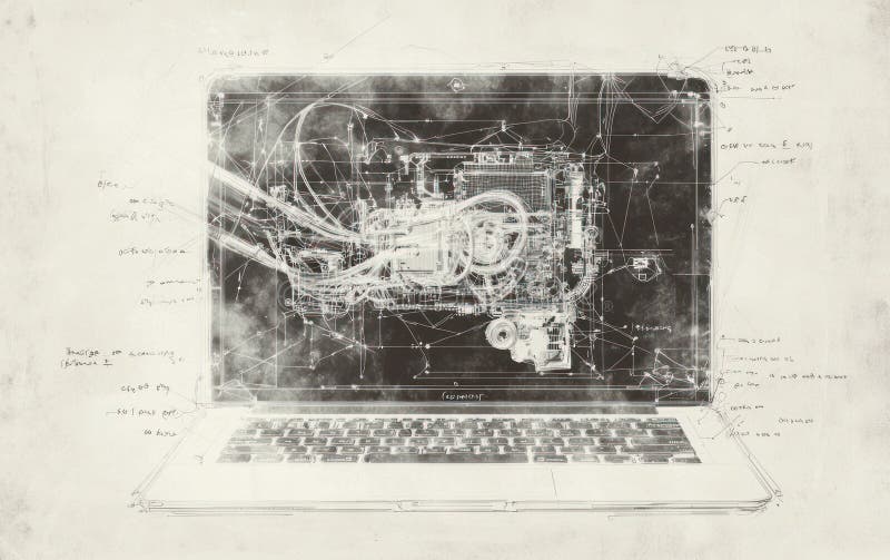 Grayscale Technical Drawing on Laptop Screen Stock Illustration ...