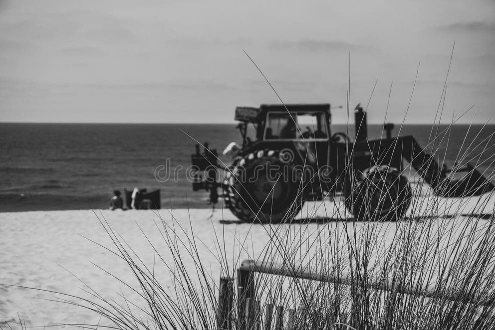 Grayscale of a Tractor on a Sandy Beach Stock Image - Image of land ...