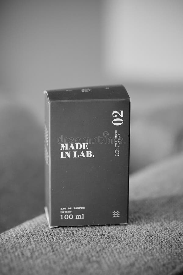Grayscale Vertical Shot of a Made in Lab Men Perfume in a Box Editorial ...