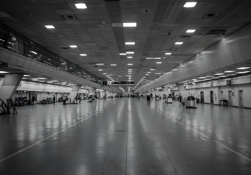 Grayscale View of Spacious Airport Terminal Corridor with Perspective ...