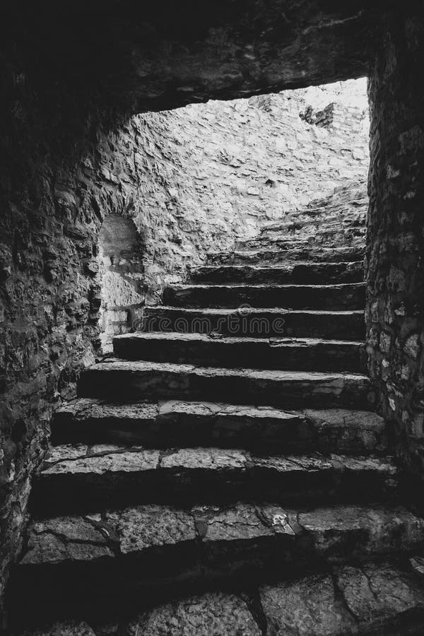 Grayscela Shot of a Stone Staircase in the Cave Stock Photo - Image of ...