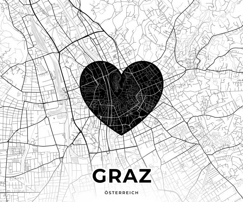 Graz, Austria, Black and White Map Template with a Black Heart Symbol ...