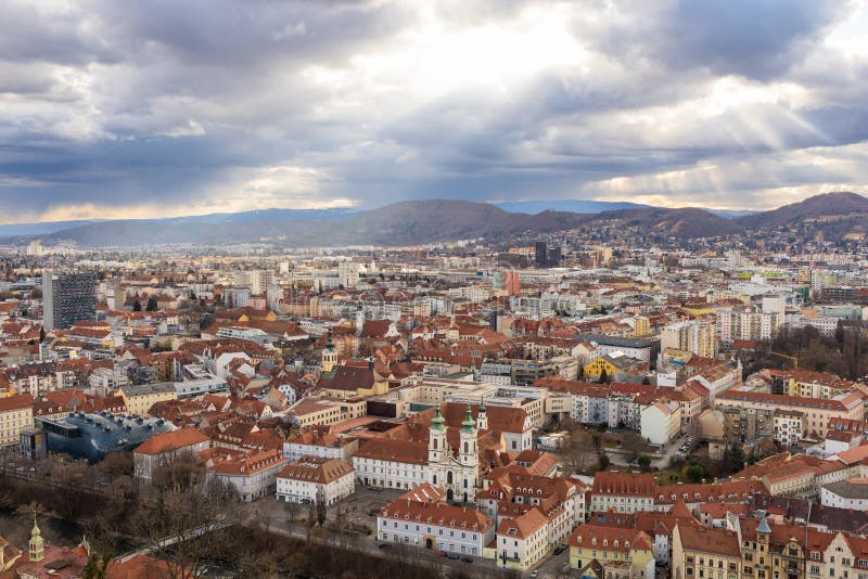 Graz Cityscape. Rays of Sunshine Break through the Clouds. Graz, Styria ...
