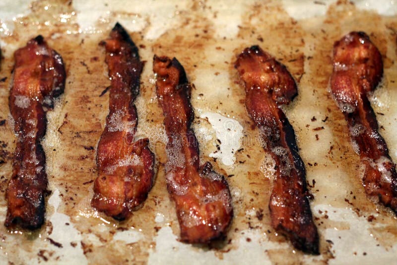 Greasy Bacon Cooked in the Oven Stock Photo - Image of macro, pork ...