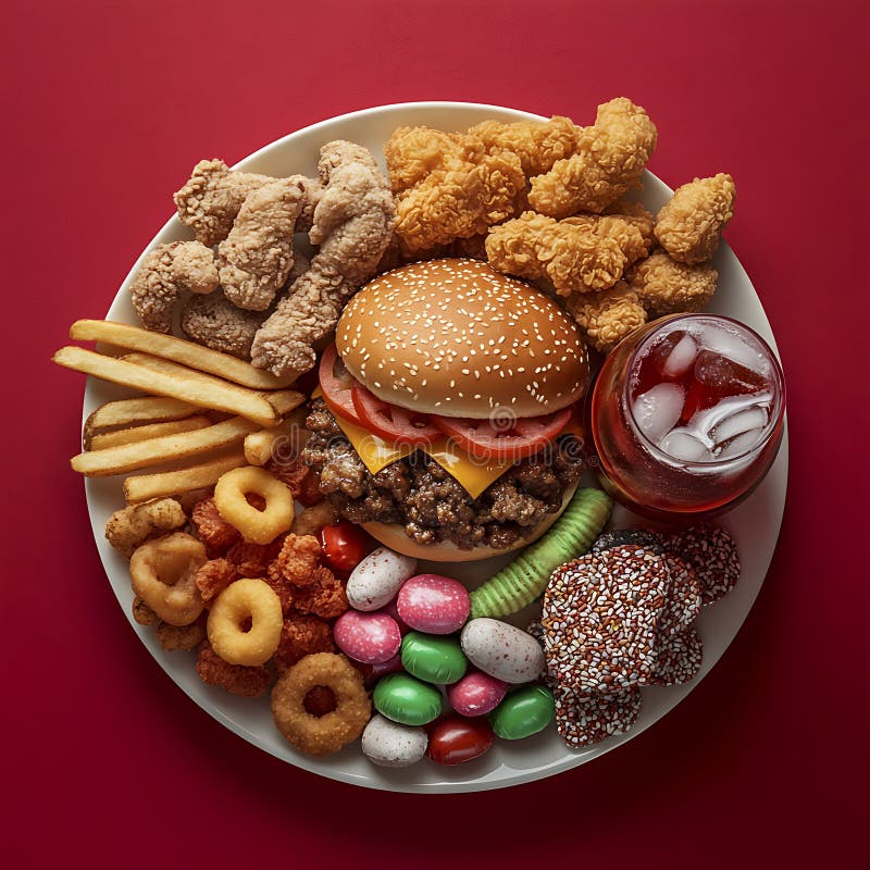 Greasy Junk Food Overload on Red Background Stock Image - Image of ...