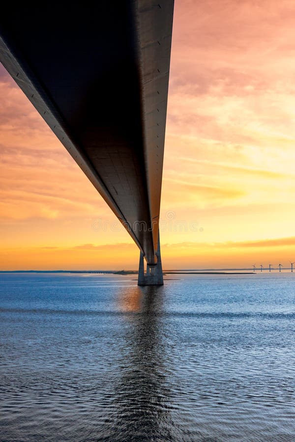 Great Belt Suspension Bridge at Sunset, Denmark Stock Image - Image of ...