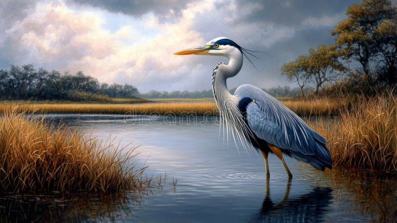 Great Blue Heron in a Calm Wetland Landscape Stock Illustration ...