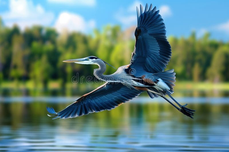 Great Blue Heron Flying Over Water Ai Photo Stock Illustration ...