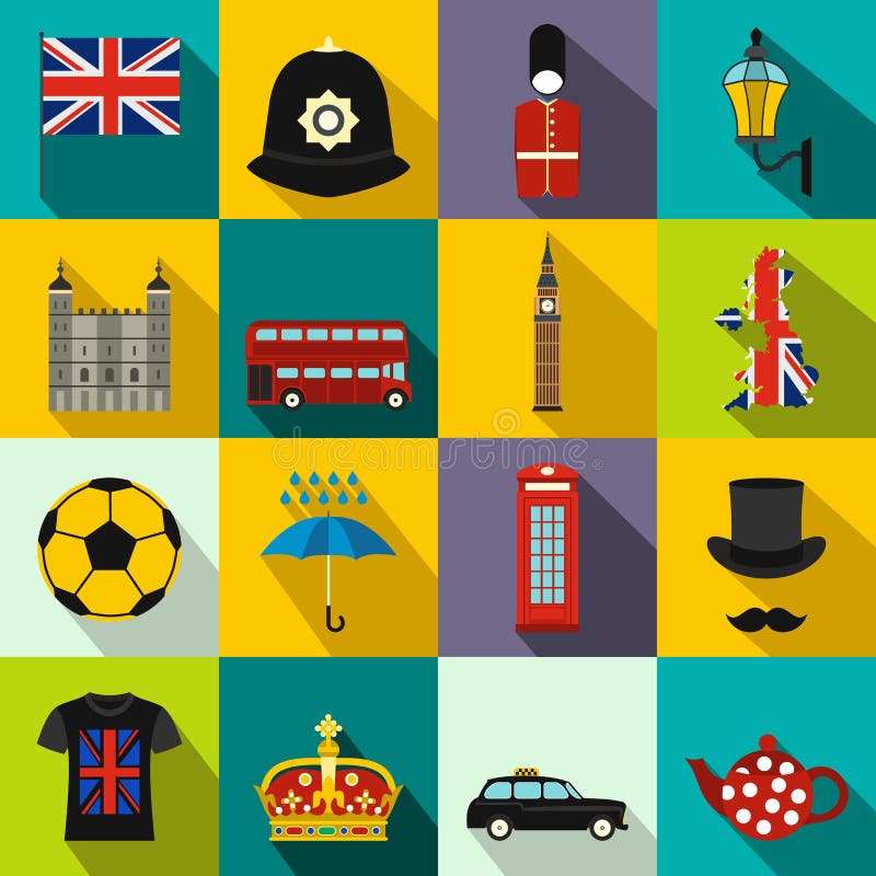 Great Britain Icons Set, Flat Style Stock Illustration - Illustration ...