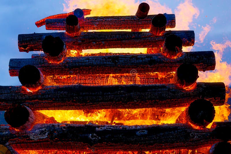 Great Burning Bonfire Made of Logs with Beautiful Flames. Stock Image ...