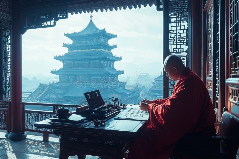 With Great Care, a Monk Practices Calligraphy on Rice Paper, Reflecting ...