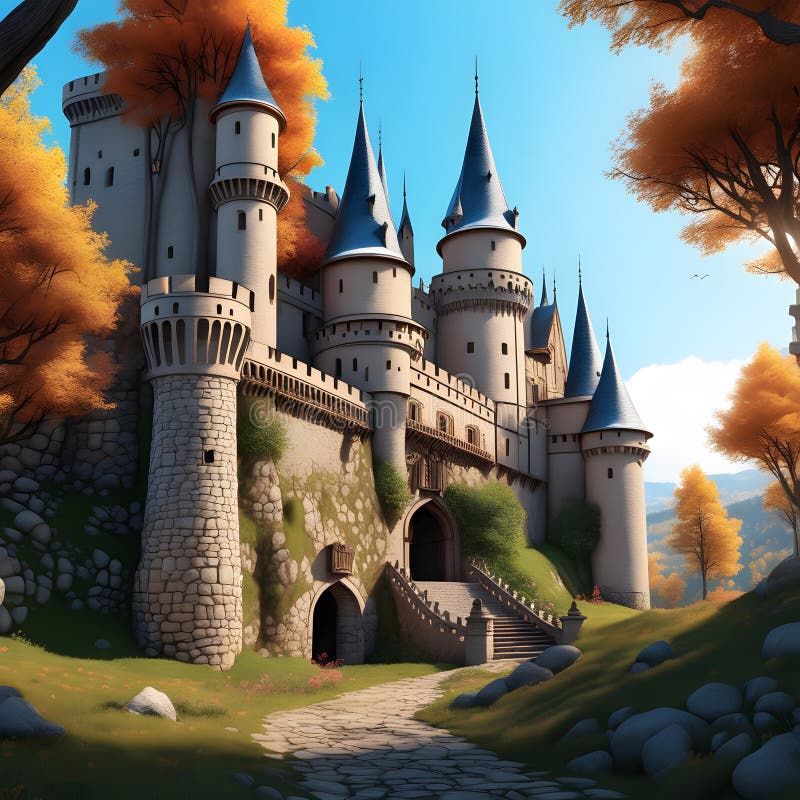 Great Castle, AI-generatet stock illustration. Illustration of towers ...