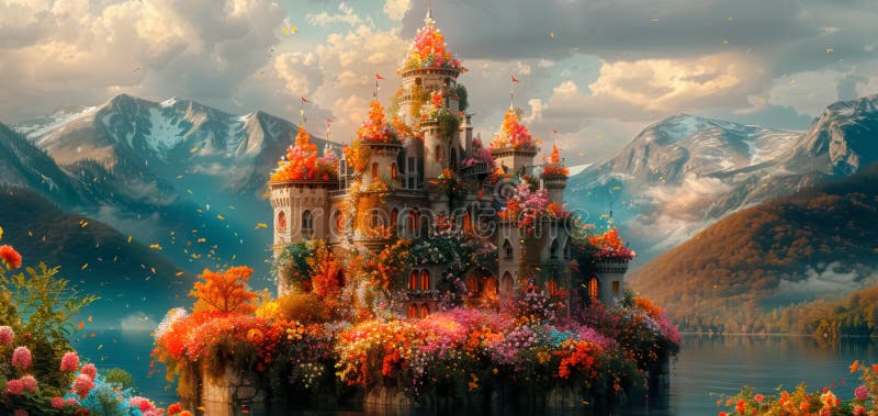 Great Castle Overflowing with Flowers Stock Illustration - Illustration ...