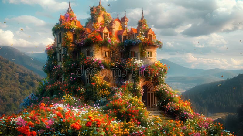 Great Castle Overflowing with Flowers Stock Illustration - Illustration ...
