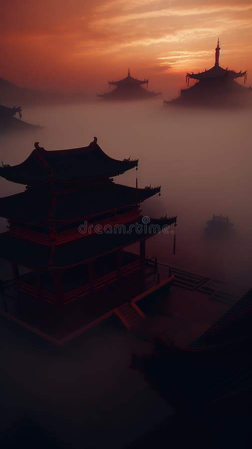 A Great Chinese Palace is Above Clouds, Distant Waterfalls Flow Down ... A Great Chinese Palace is Above Clouds, Distant Waterfalls Flow Down ...