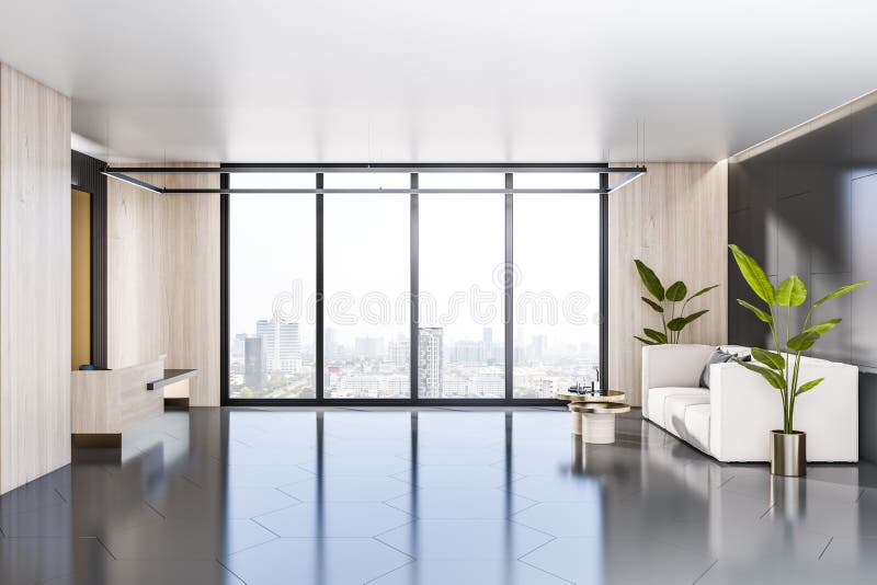 Great City View from Panoramic Window in Spacious Sunlit Office Hall ...