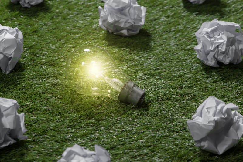 Great Concept with Crumpled Office Paper and Light Bulb Standing on the ...