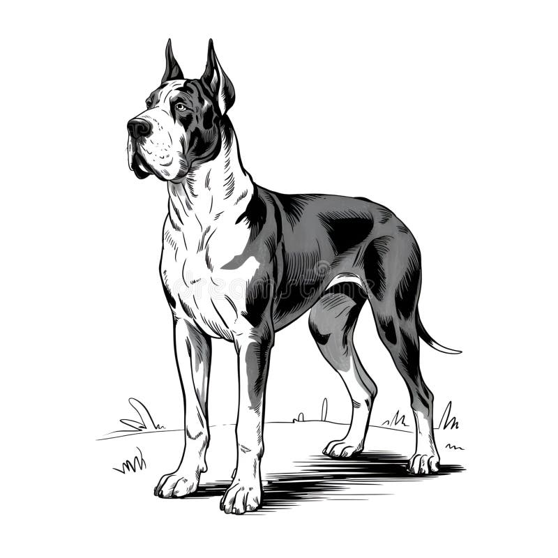 Majestic Great Dane Dog Breed Elegant Black White Ink Drawing ...