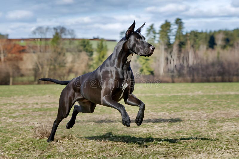 Great Dane Leaps Gracefully, Showcasing Its Height and Grace in Open ...