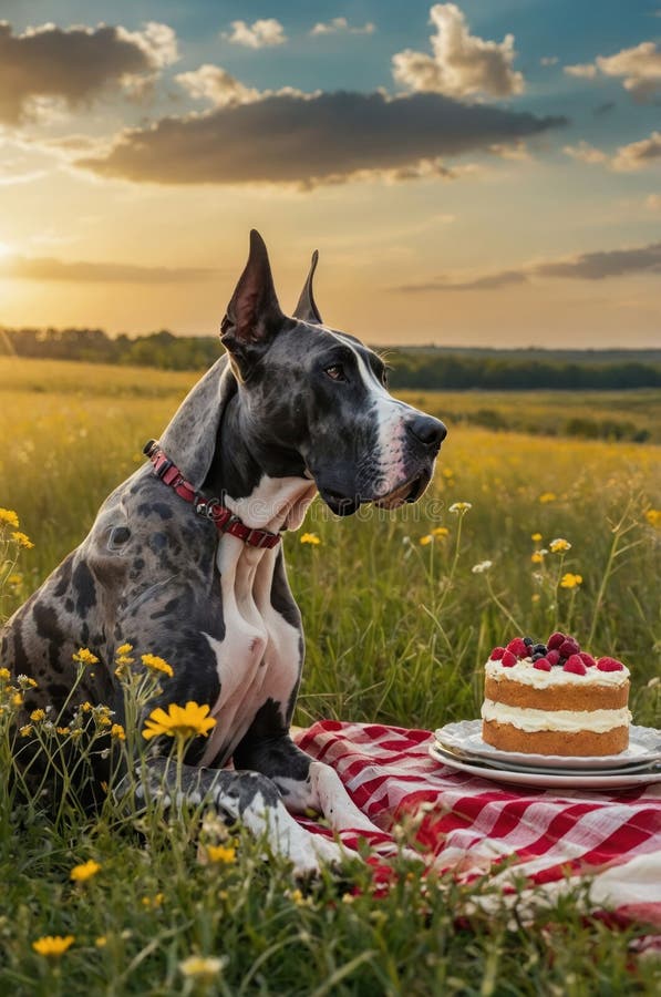Majestic Great Dane Relaxing in Sunset Field with Birthday Cake Stock ...