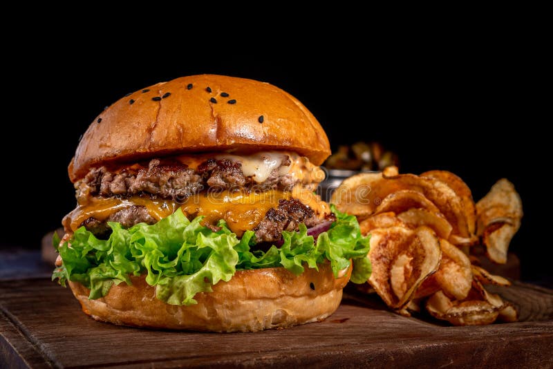 Great Double Beef Burger with Chips Stock Photo - Image of artisan ...