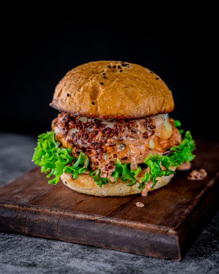 Great Double Beef Burger with Chips Stock Photo - Image of artisan ...