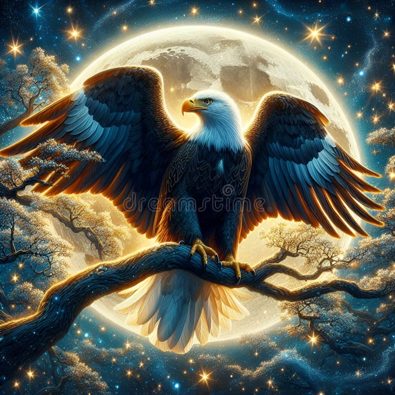A Great Eagle on a Tree Branch Infront of Full Moon, Twinkling Stars ...