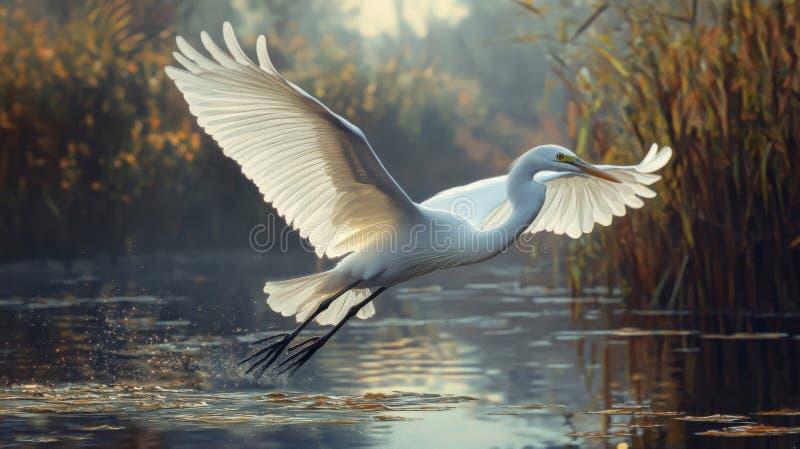 Great Egret in Flight Over Calm Water at Dawn Stock Illustration ...