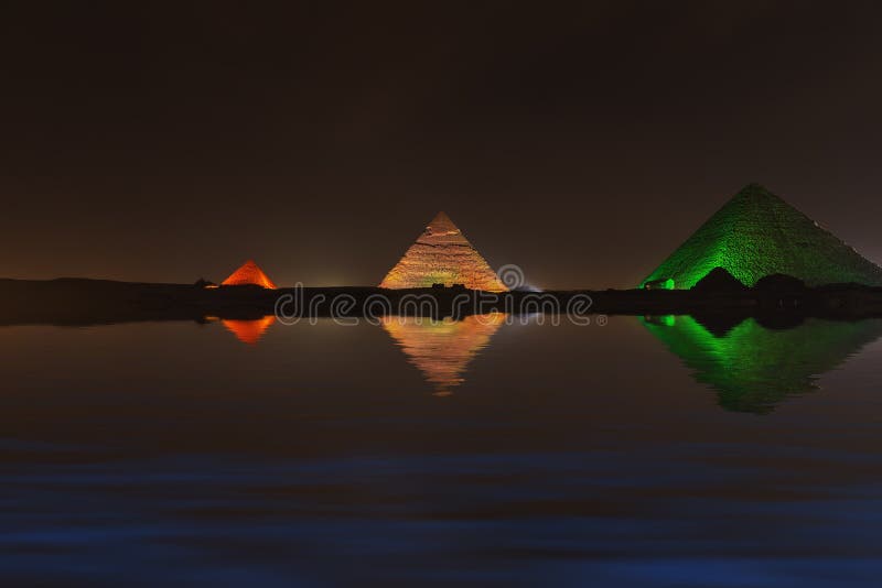 Great Giza Pyramids at Night, Water Reflection Stock Image - Image of ...