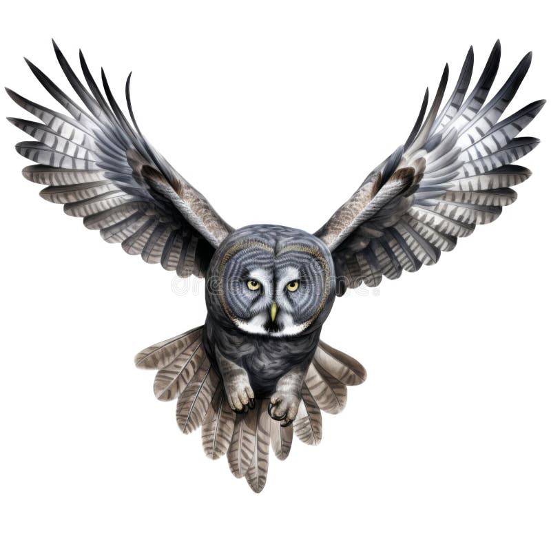 Great Grey Owl in Flight with Wings Spread Stock Illustration ...