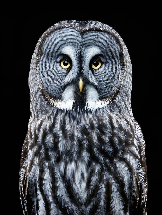 Great Grey Owl Strix Nebulosa Isolated of Black Background Stock ...