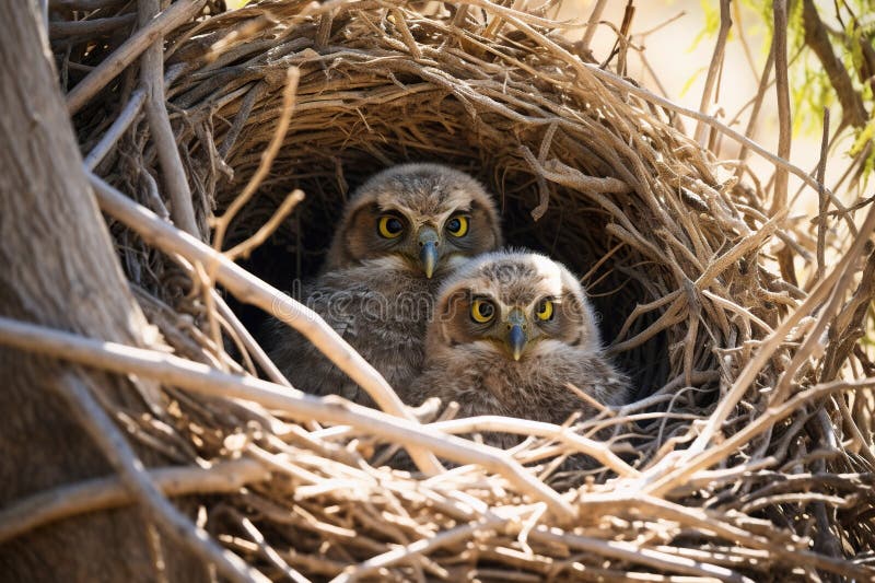 Great Horned Owl Cubs in the Nest Stock Photo - Image of forest ...
