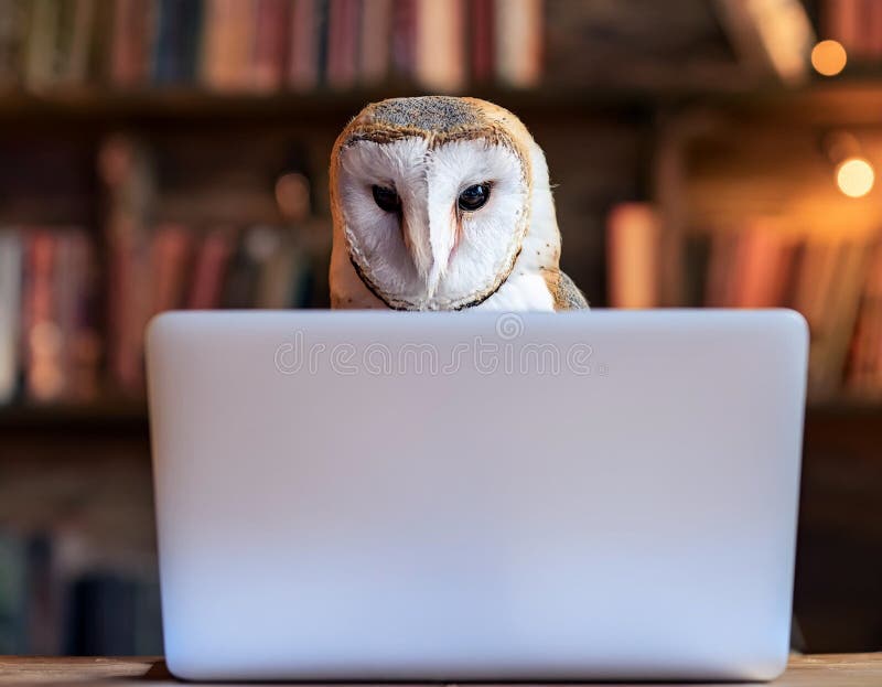 Great Horned Owl in Front of Laptop Stock Image - Image of feather ...