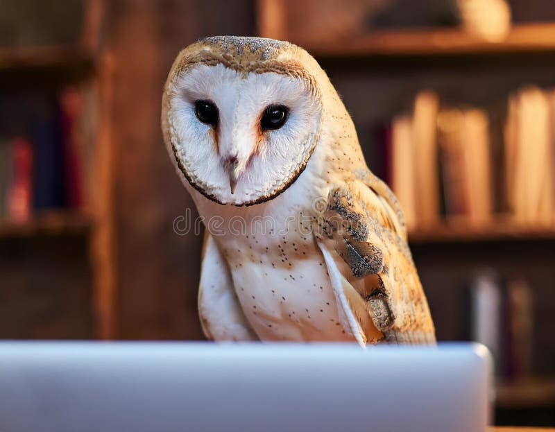 Great Horned Owl in Front of Laptop Stock Photo - Image of glasses ...