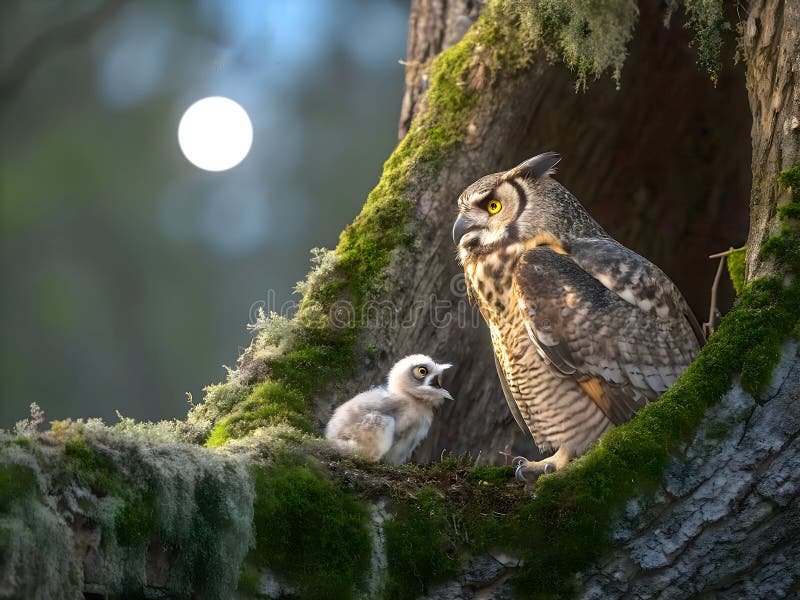 Horned Owl and Owlet Under a Full Moon Stock Photo - Image of watchful ...