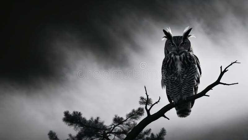 Great Horned Owl Perching on Branch in Dramatic Black and White Stock ...