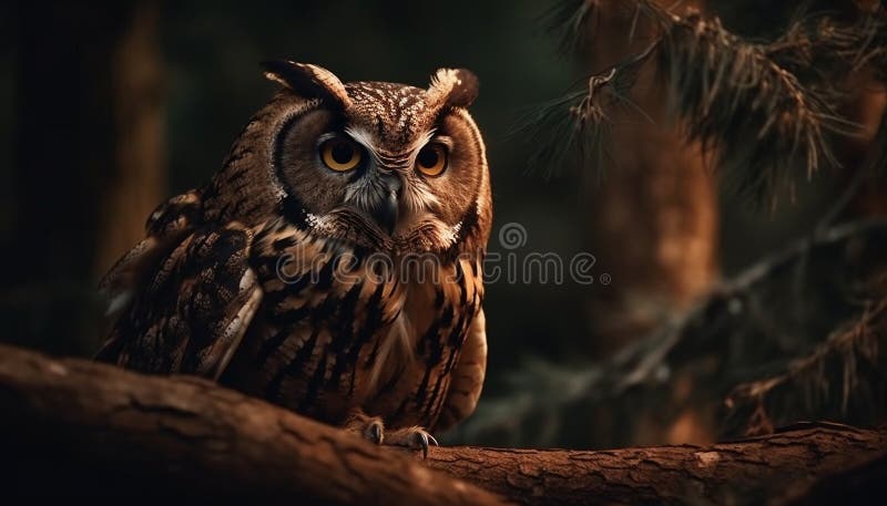 Great Horned Owl Perching on Tree Branch Generated by AI Stock ...