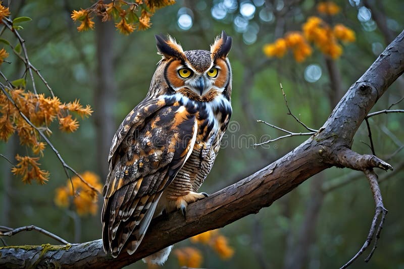 A Great Horned Owl Resting on a Branch Stock Image - Image of bird ...
