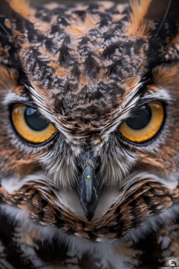 Great Horned Owl Staring with Intense Yellow Eyes Stock Image - Image ...