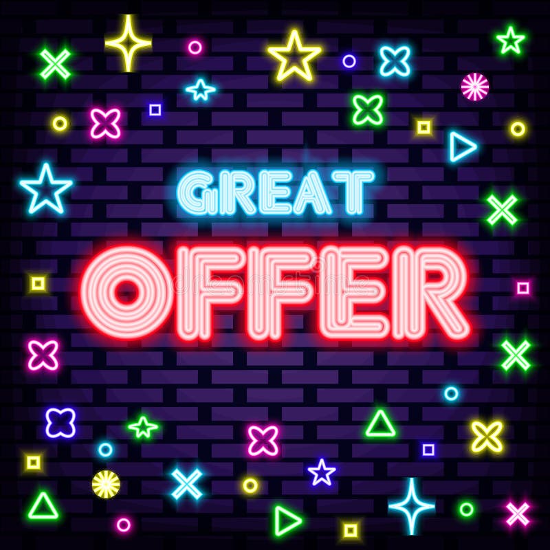 Great Offer Neon Sign. Bright Signboard. Announcement Neon Signboard ...