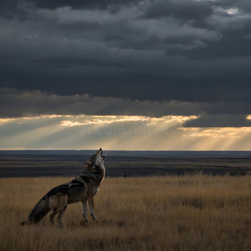Great Plains Wolf Howling into the Wind Against a Dramatic Cloudy Sky ...