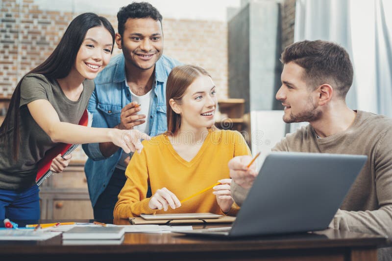 Pleased Four Students Discovering Solution Stock Image - Image of idea ...