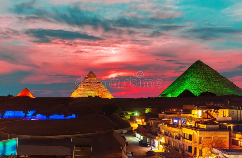 The Great Pyramid Complex Enlighted at Night, Giza, Egypt Stock Photo ...