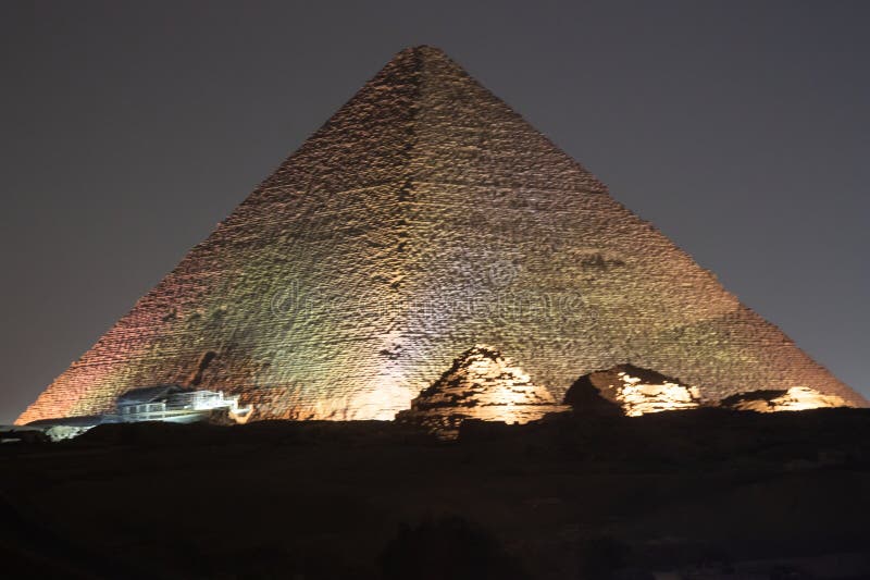 Great Pyramid Complex Enlighted at Night, Giza, Egypt Stock Photo ...