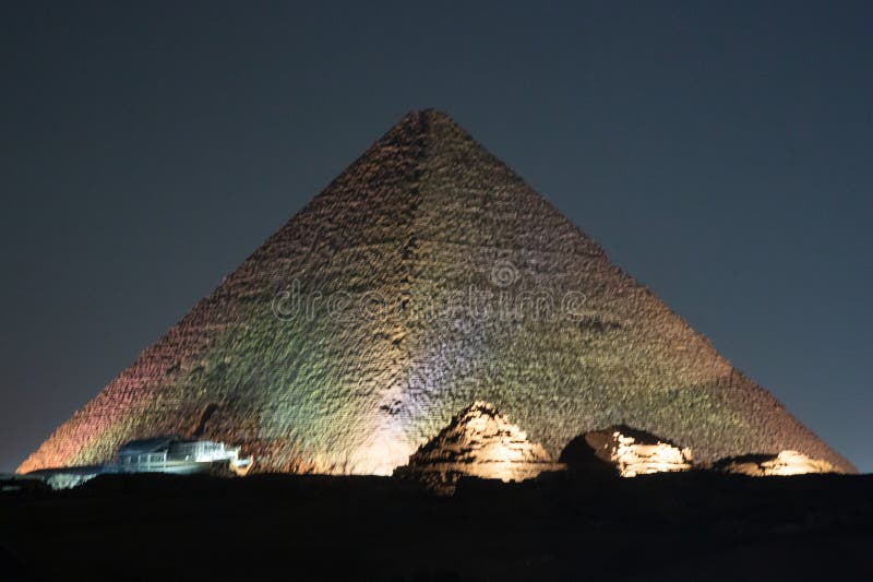 Great Pyramid Complex Enlighted at Night, Giza, Egypt Stock Image ...