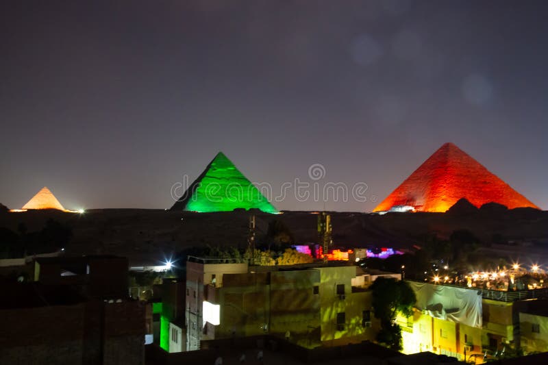 Great Pyramid Complex Enlighted at Night, Giza, Egypt Stock Image ...