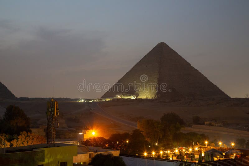 Great Pyramid Complex Enlighted at Night, Giza, Egypt Stock Image ...