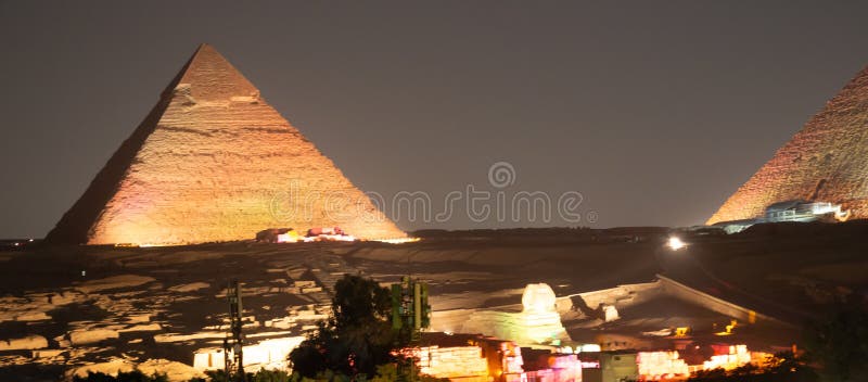 Great Pyramid Complex Enlighted at Night, Giza, Egypt Stock Image ...