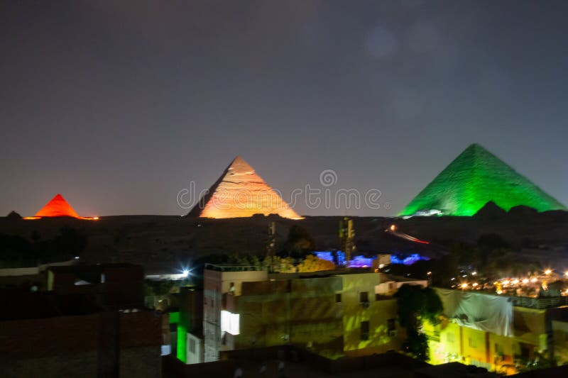 Great Pyramid Complex Enlighted at Night, Giza, Egypt Stock Photo ...